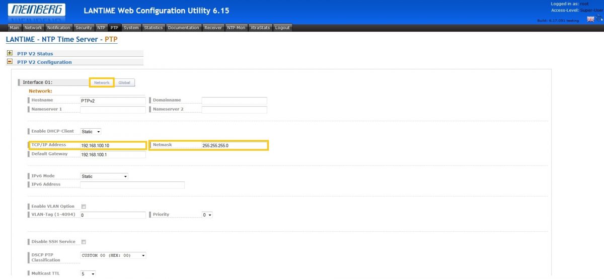 PTPv2 Configuration over a Web Interface